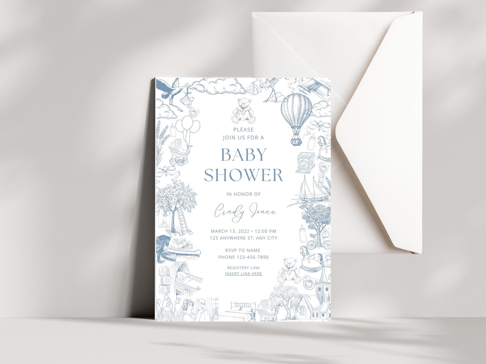 Toile De Jouy Blue Baby Shower Invitation - Etsy