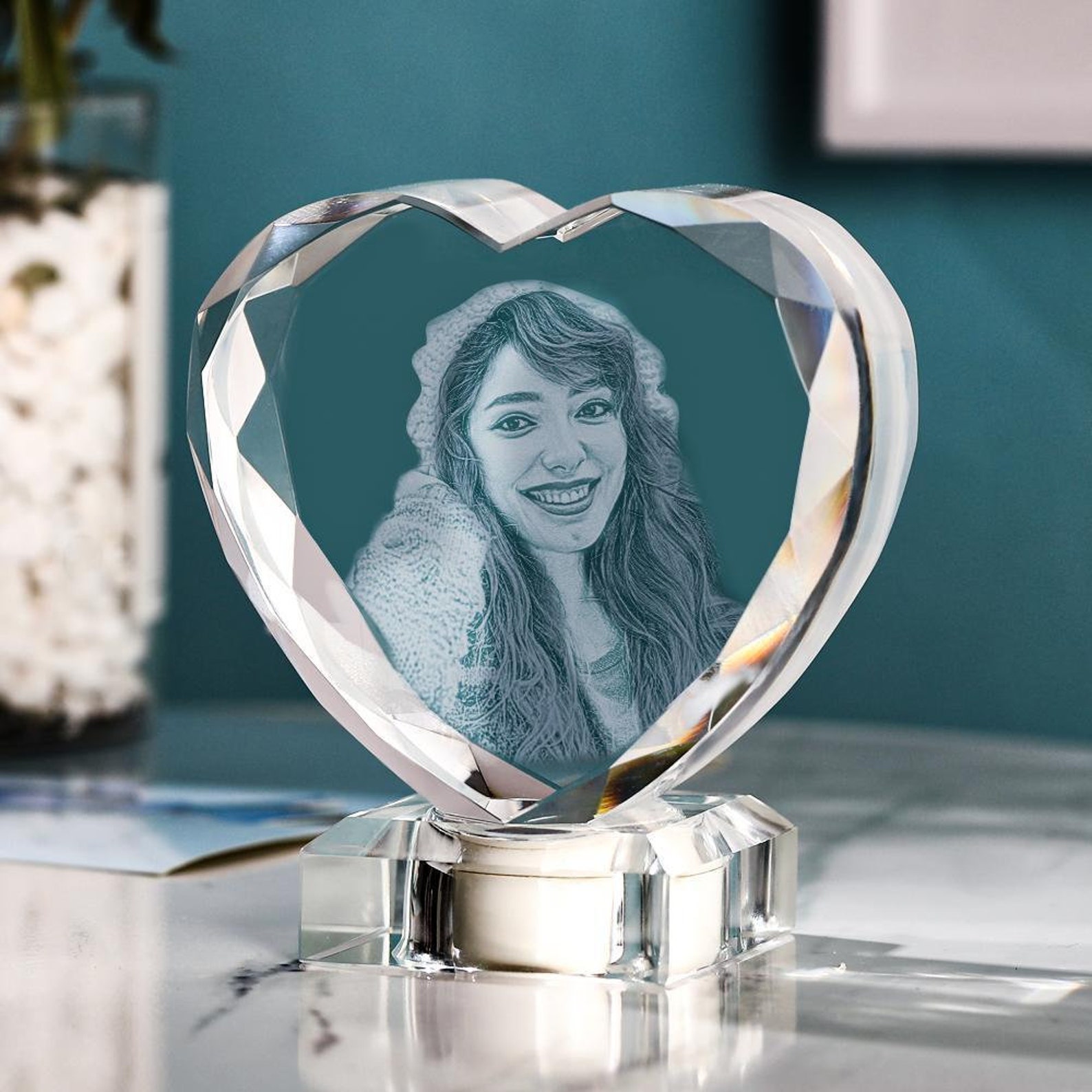 Heart Shaped 3D Crystal Engraved Photo Custom Crystal LED Base Couple ...
