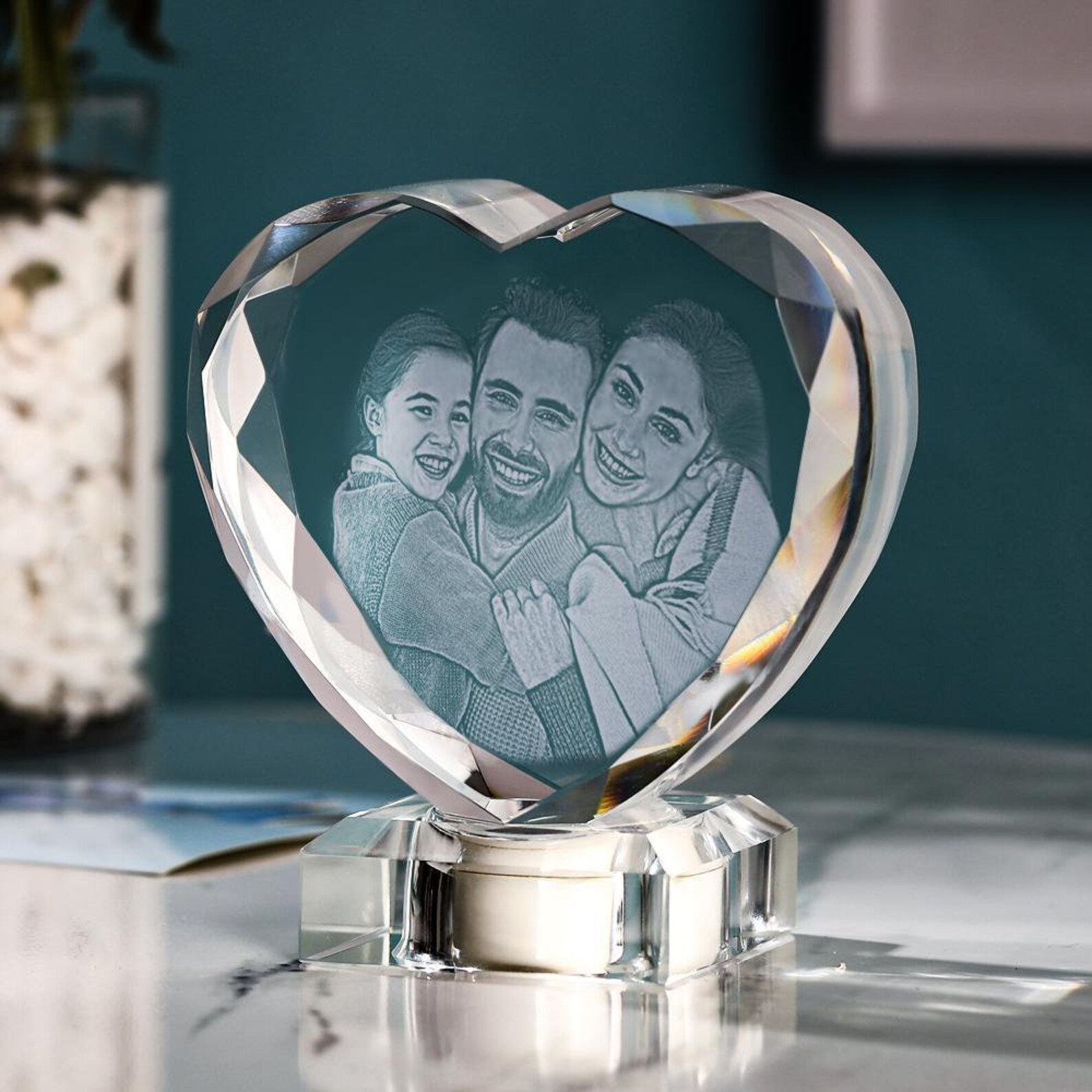 Heart Shaped 3D Crystal Engraved Photo Custom Crystal LED Base Couple ...