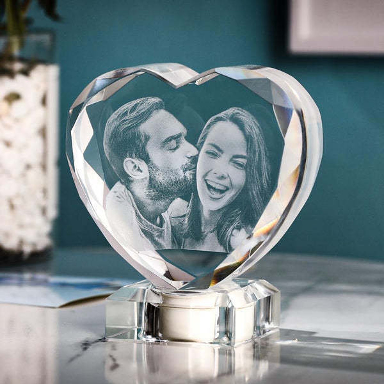 Heart Shaped 3D Crystal Engraved Photo Custom Crystal LED Base Couple ...