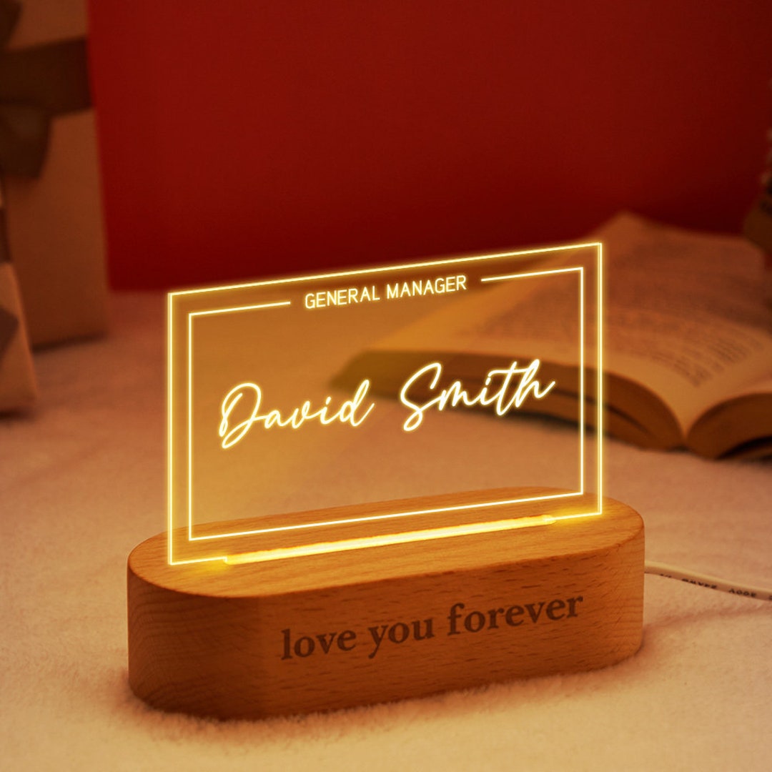 Custom Desk Nameplate With Wooden Base , LED Light Desk Accessories ...