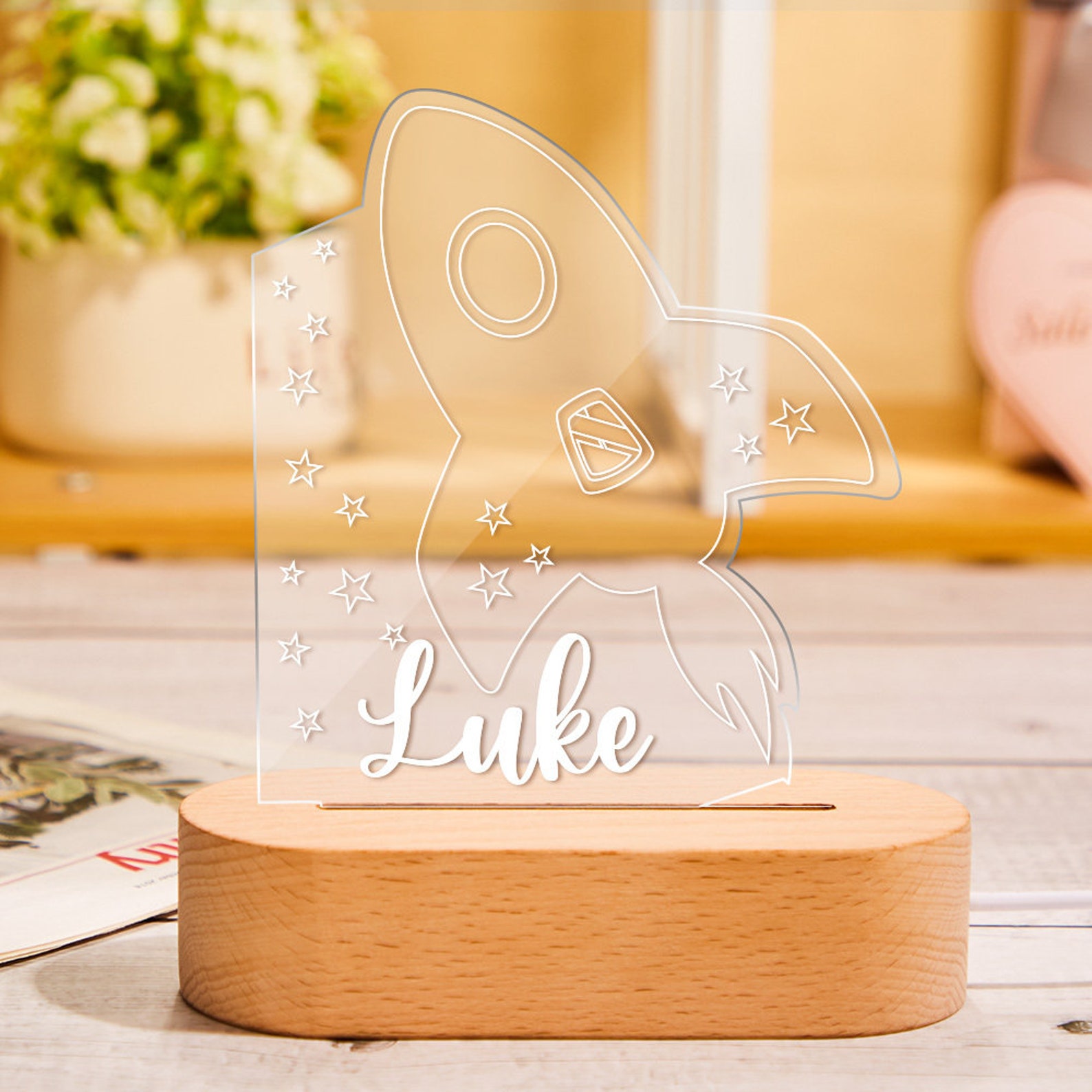 Custom Name Rocket Night Light Kids Space Theme Decor Table Lamp Rocket ...