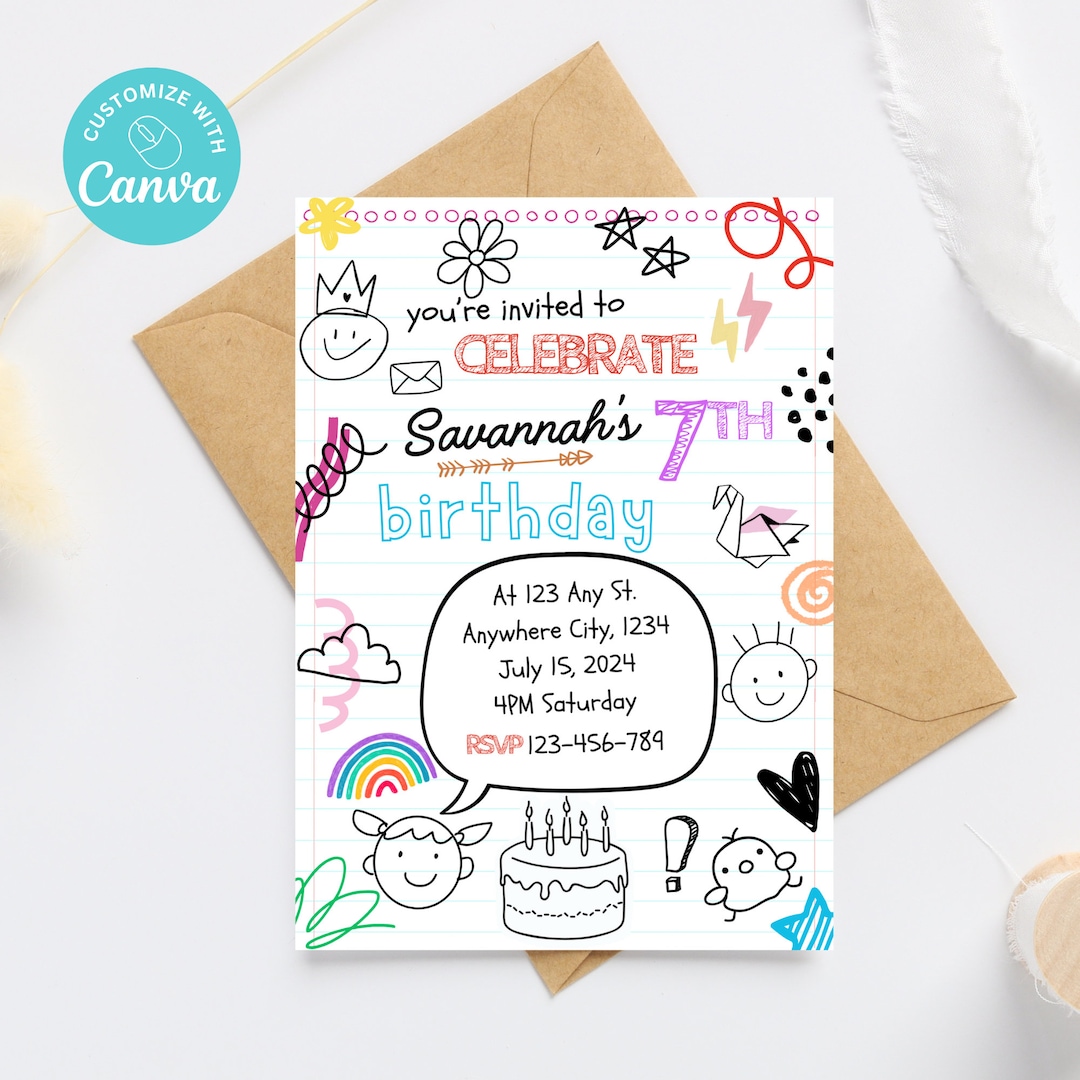 EDITABLE Doodle Art Invitation, Art Theme Birthday, Hand Drawn Theme ...