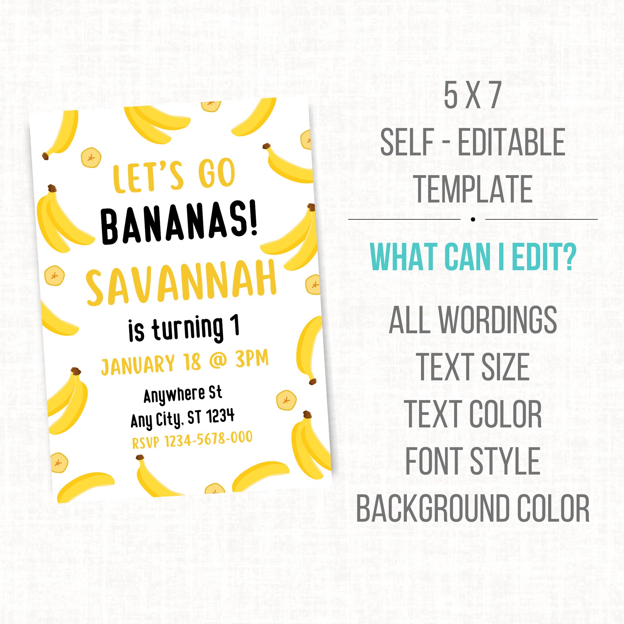 EDITABLE Go Bananas Birthday Invitation Template Banana Fruit First ...