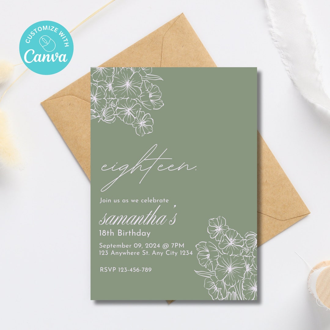 EDITABLE Green Modern Birthday Party Invitation Template, Sage Green ...