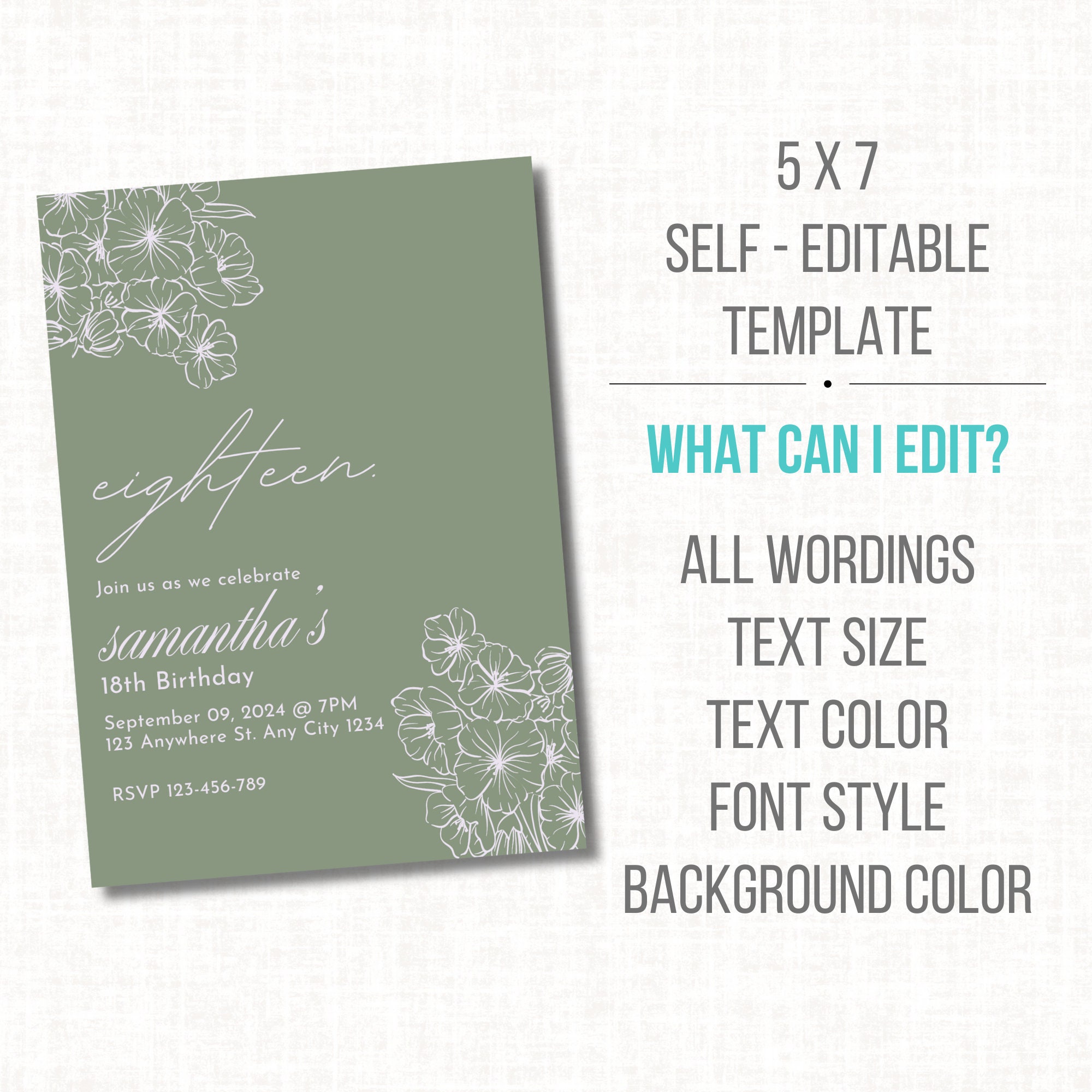 EDITABLE Green Modern Birthday Party Invitation Template, Sage Green ...