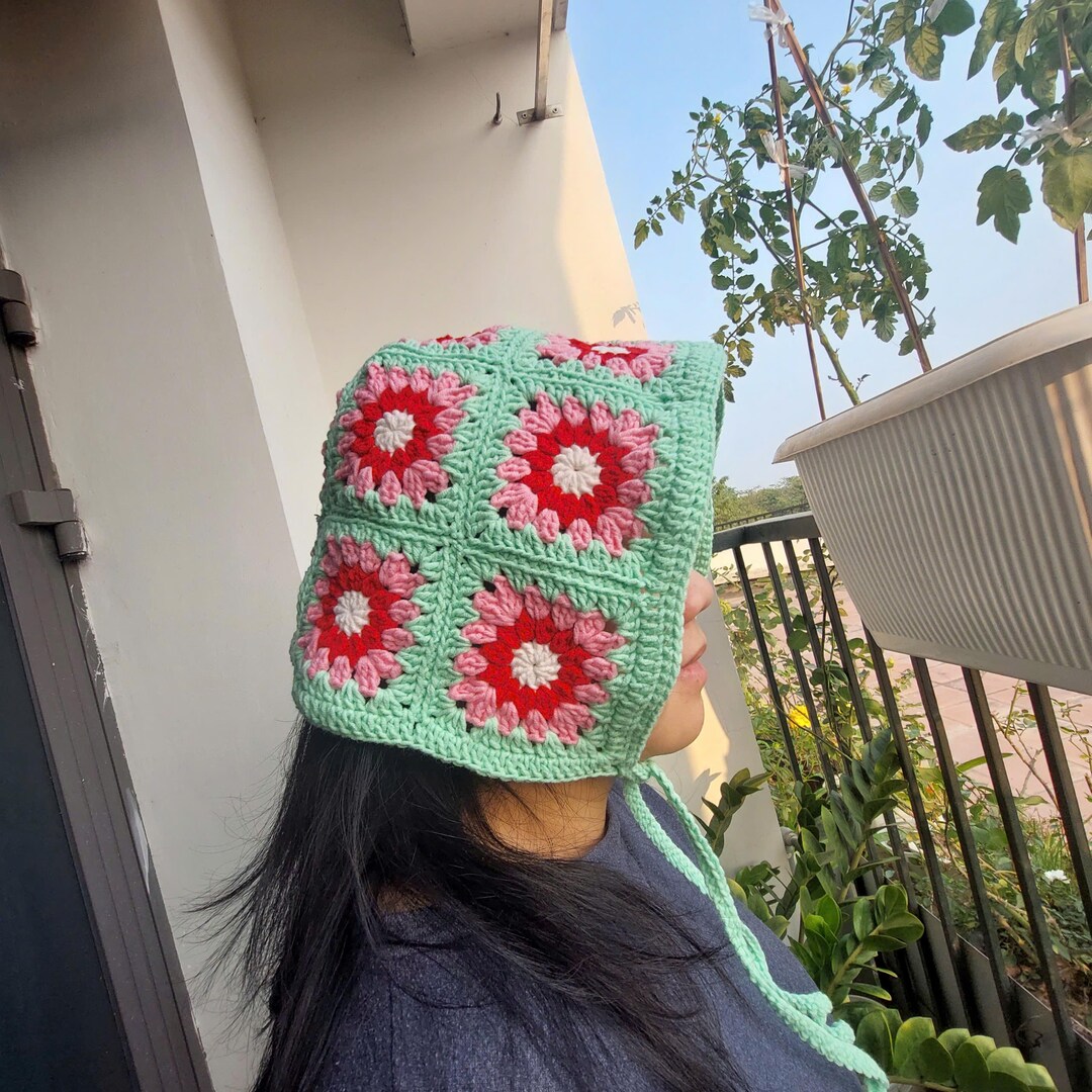 Mint Flower Crochet Bonnet, Granny Square Tie Bonnet, Handmade Winter ...