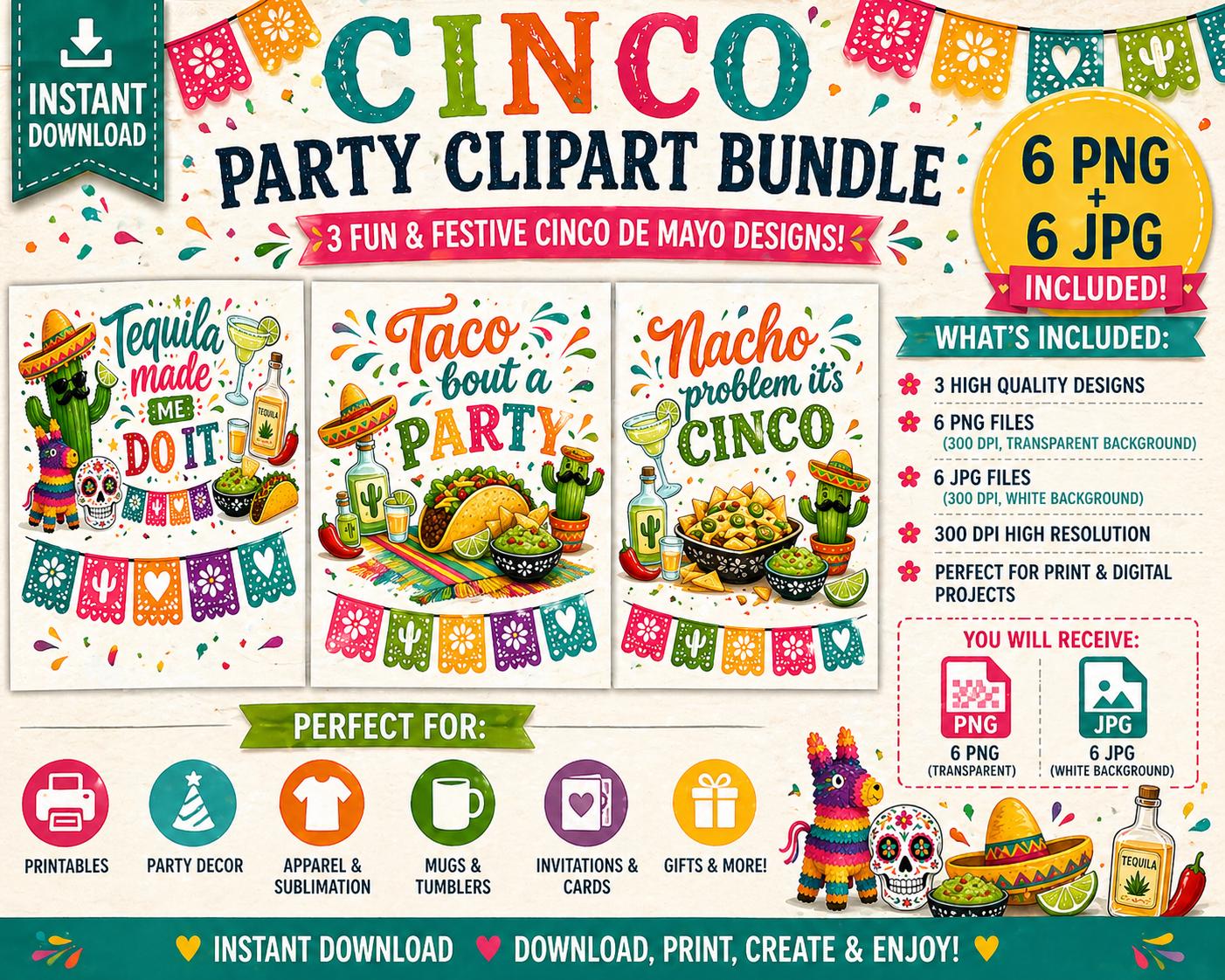 Cinco De Mayo Clipart Bundle, Fiesta Taco Tequila Designs (digital ...