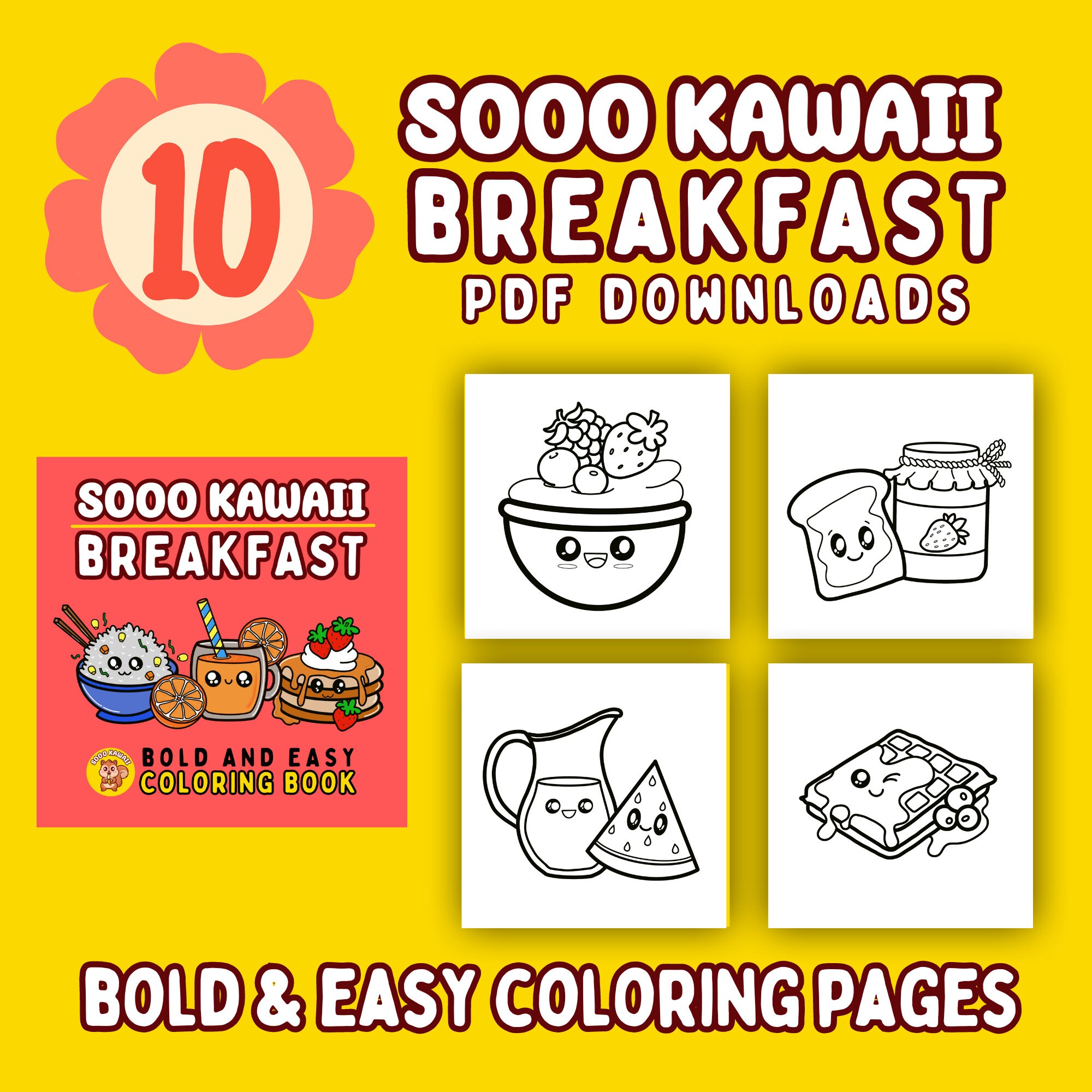 Kawaii Bold and Easy Food Coloring Pages | Set One 10 Pages | Instant ...