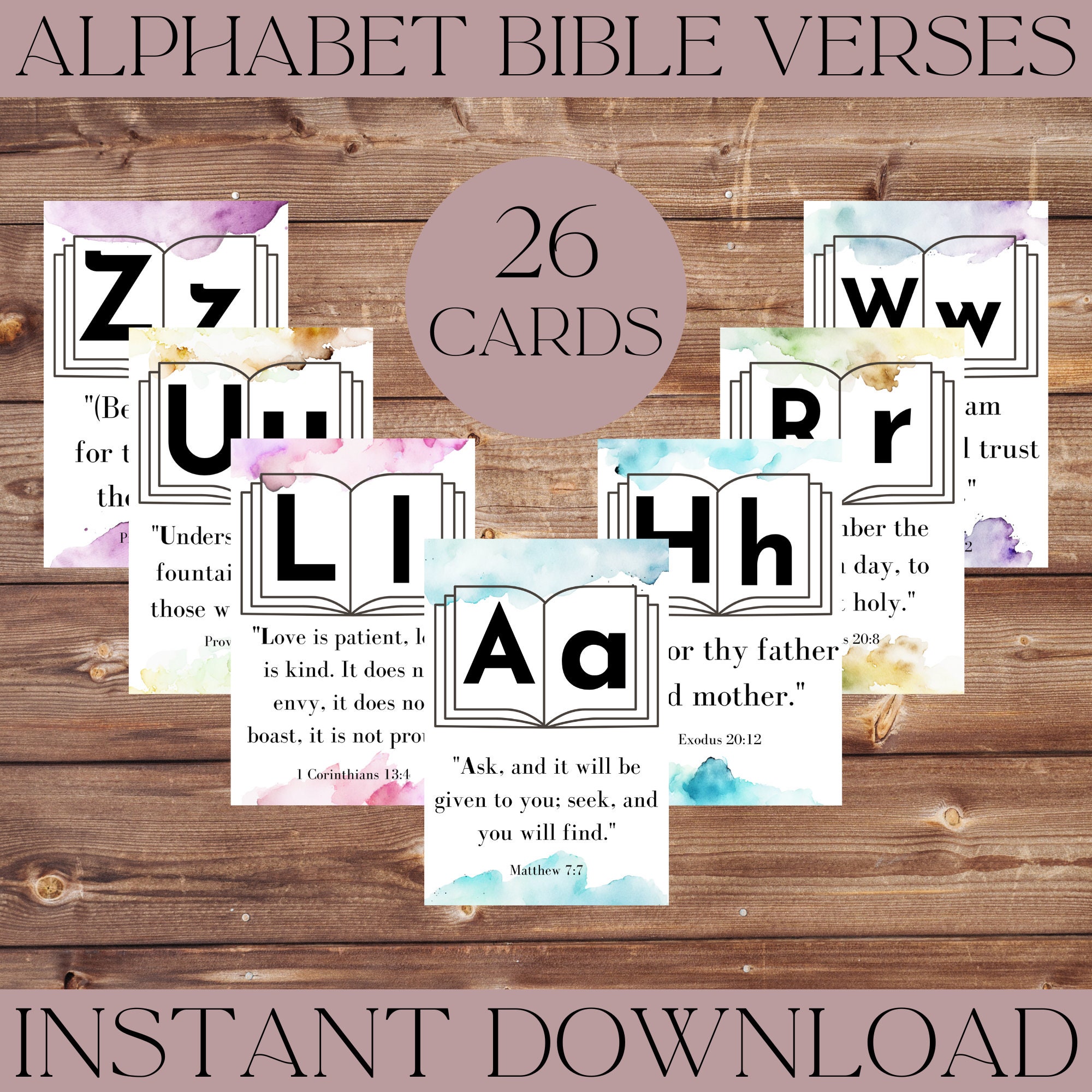 Watercolor Alphabet Scripture Cards ABC Memorization Bible Verses ...