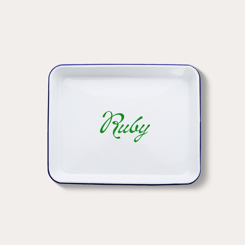 Customized Name Enamel Tray With Blue Trim - Etsy
