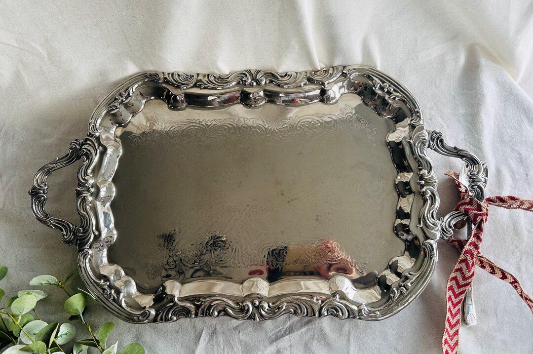 Vintage Silverplated Tray With Handles and 4 Feet } Ornate Silver Tray ...