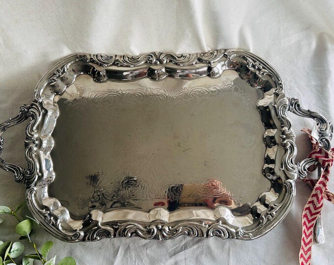 Vintage Silverplated Tray With Handles and 4 Feet } Ornate Silver Tray ...