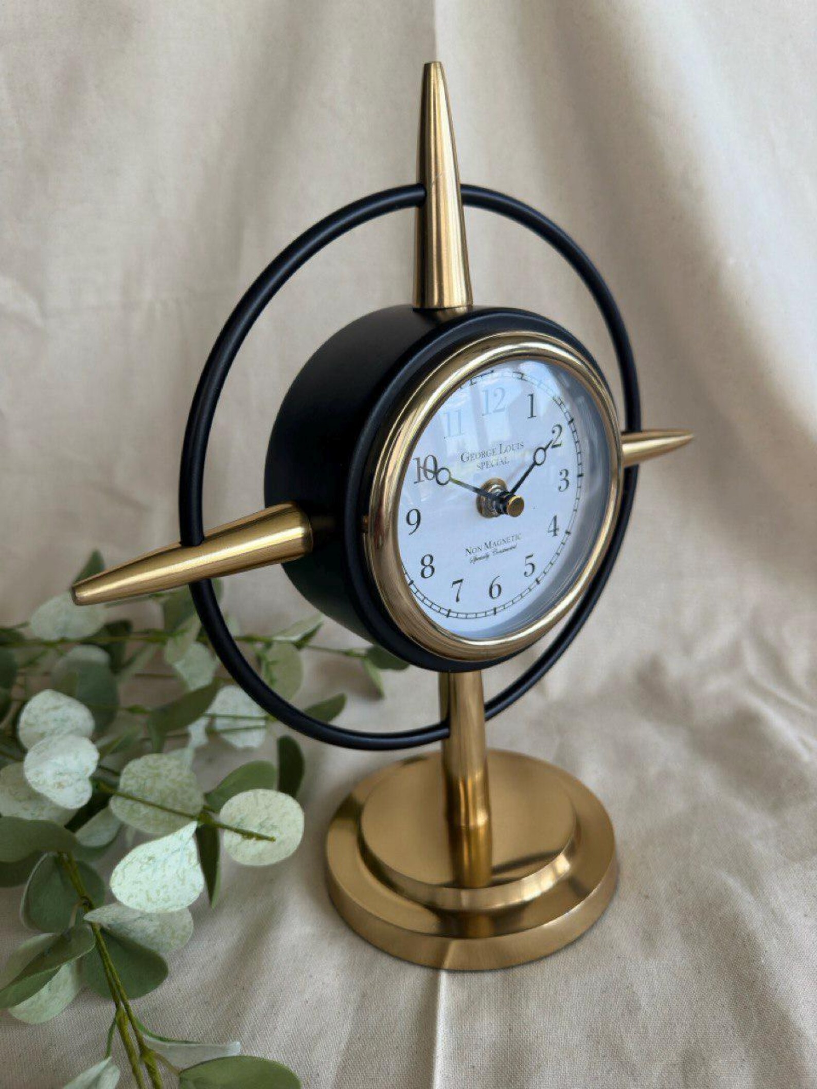 Brass MCM Clock Black and Gold Color Tabletop Unique Clock George Louis ...