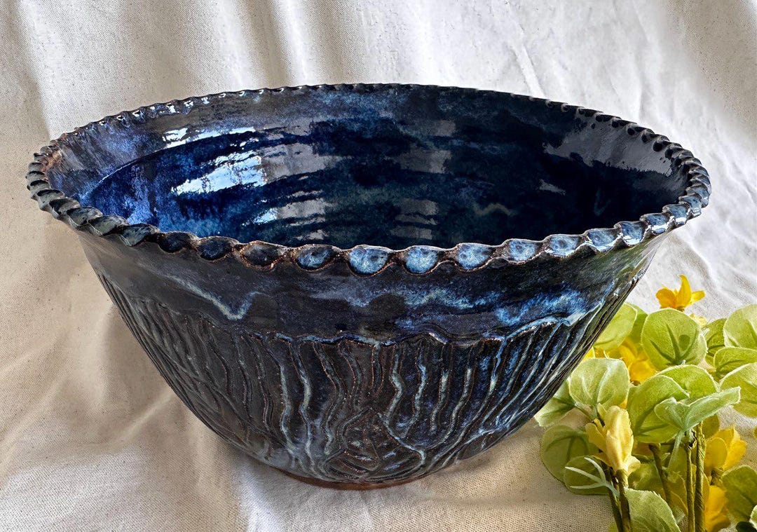 Gorgeous Xlarge Dark Blue Pottery Serving Bowl } Blue Fruit Bowl } One ...
