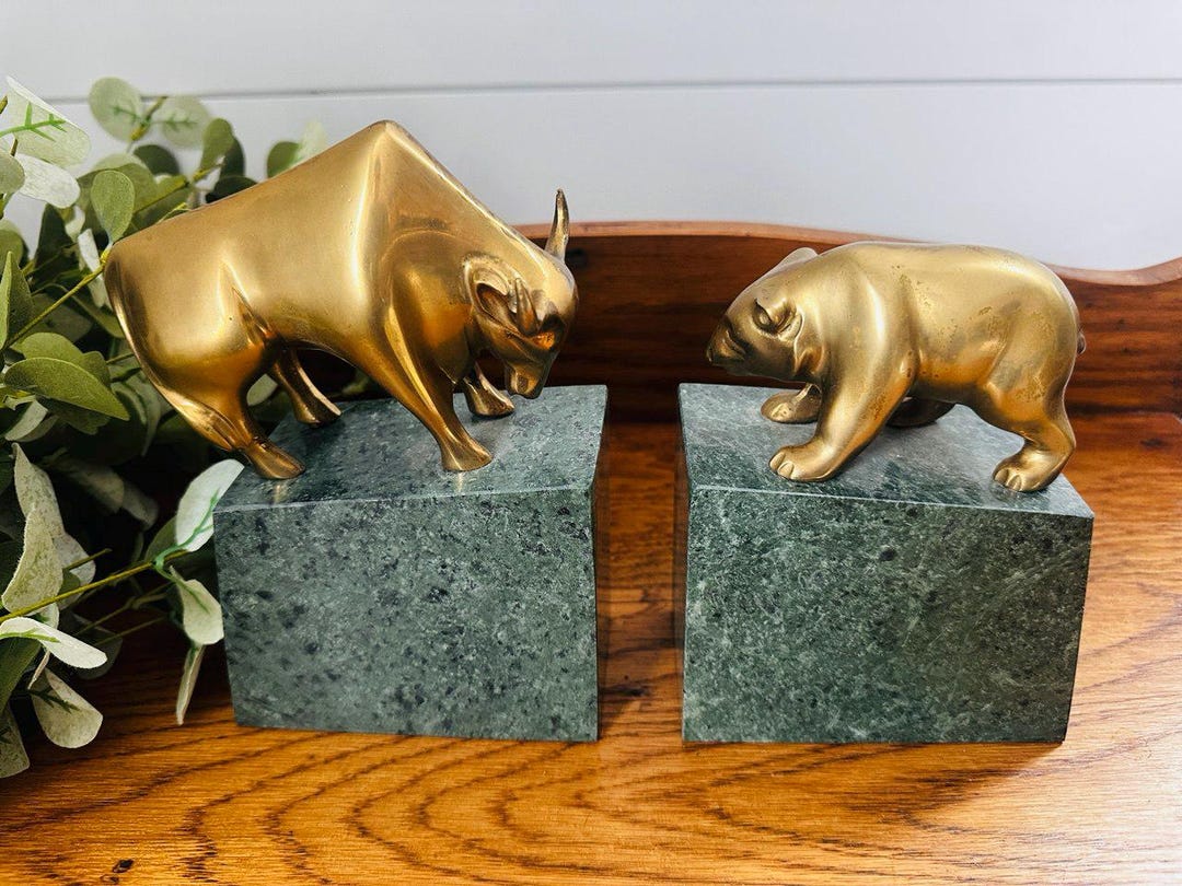 Vintage Brass Bull and Bear Bookend Set } Green Marble Base { Stock ...
