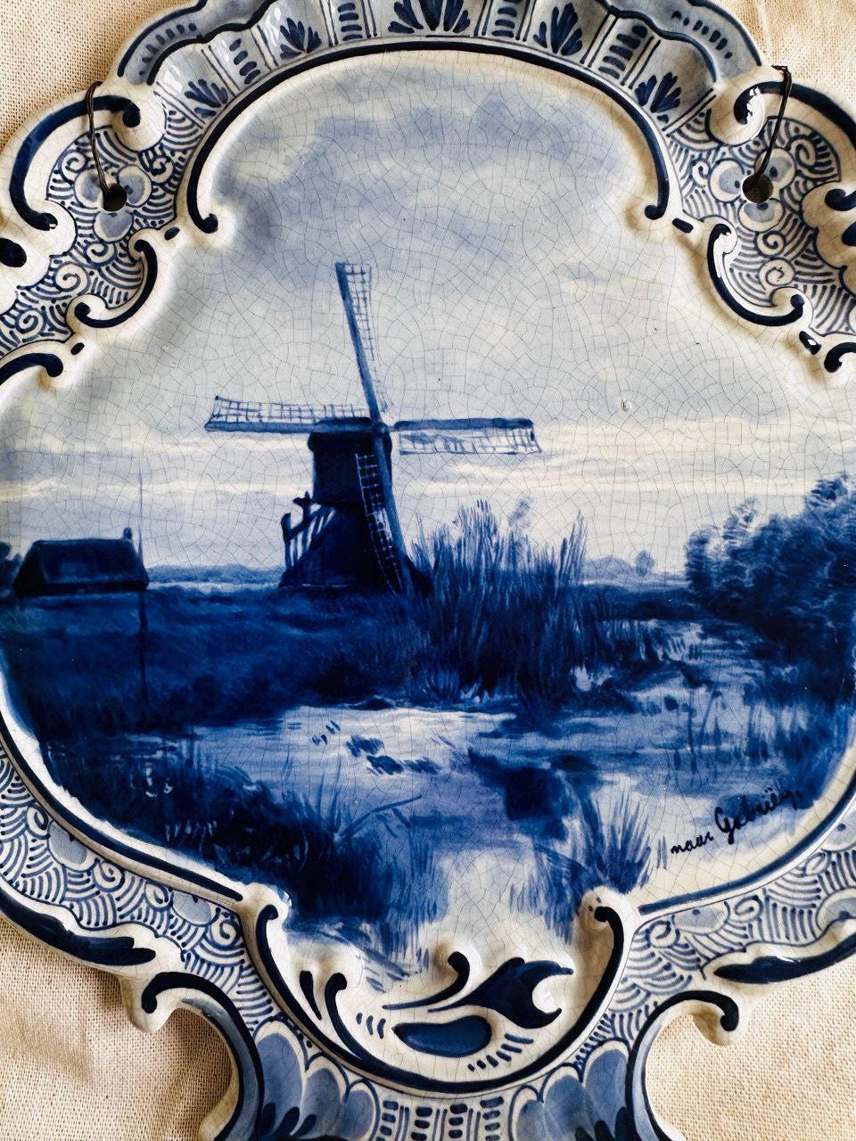 Rare Antique Royal Dutch Delft Cobalt Blue Plaque Signed Windmill ...