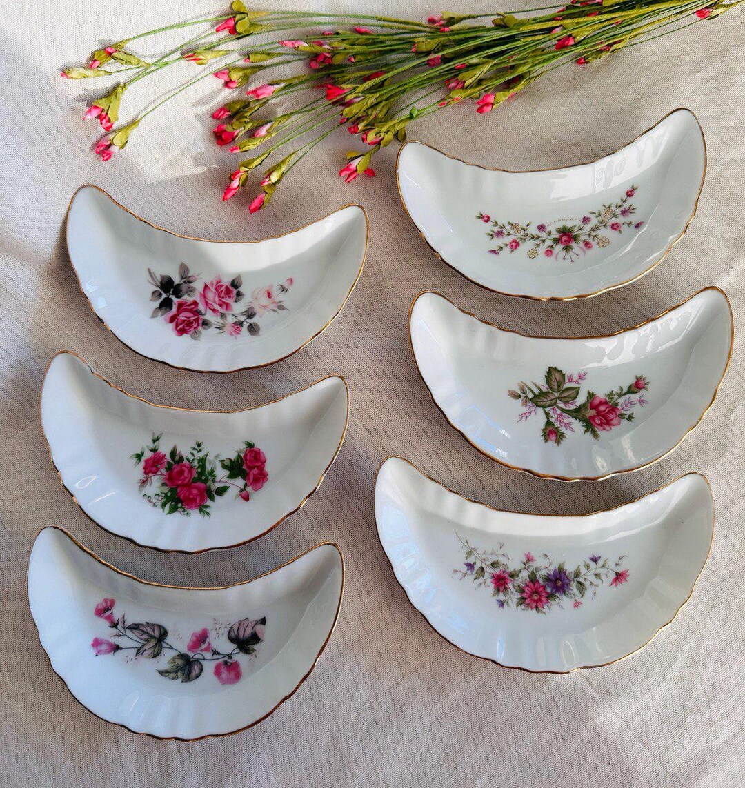 Set of 6 Bone Dishes Vintage Small Crescent Plates Rose Floral Bone ...