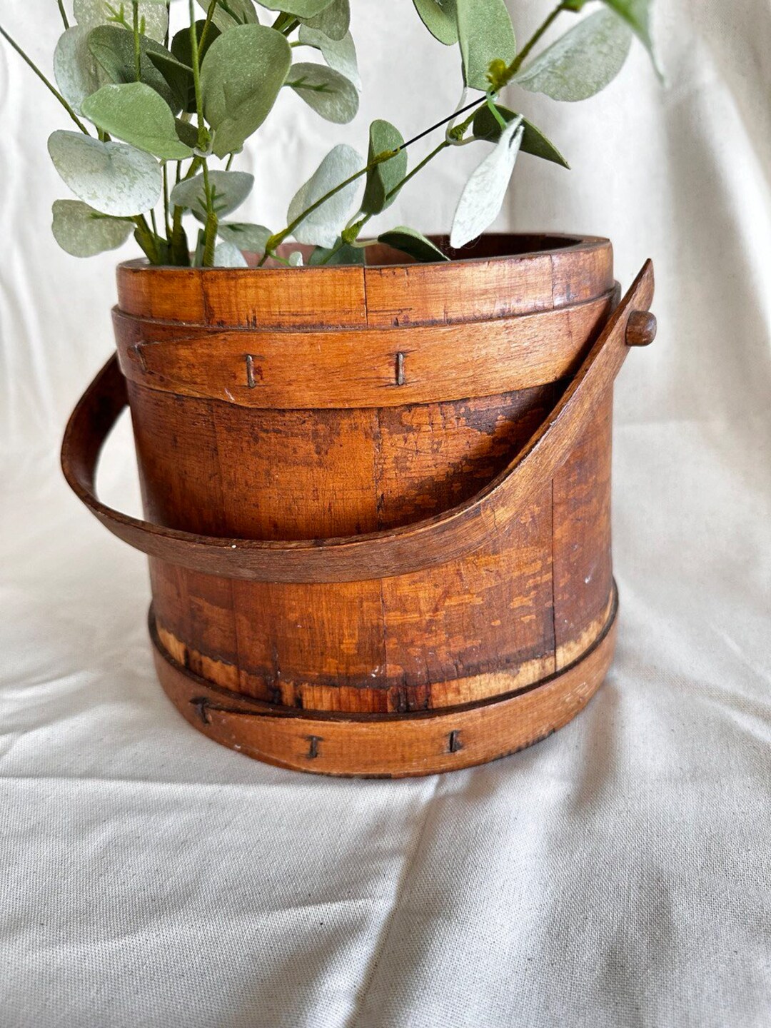Antique Wooden Pail } Vintage Wood Basket } Likely Firkin } Swing Arm ...