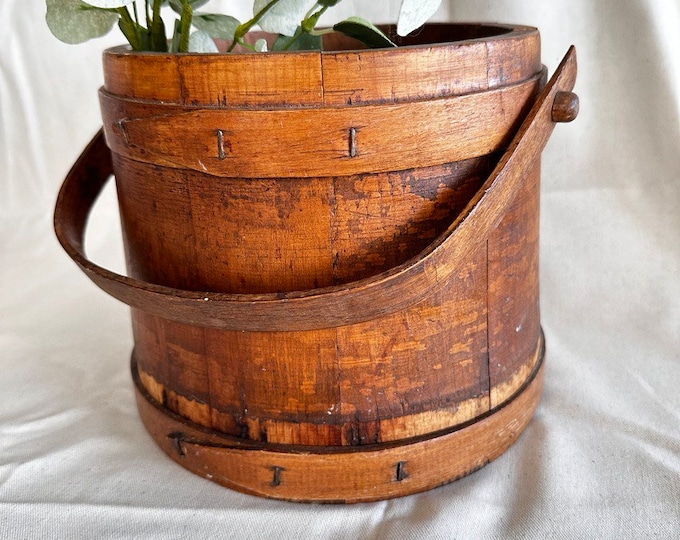 Antique Wooden Pail } Vintage Wood Basket } Likely Firkin } Swing Arm ...