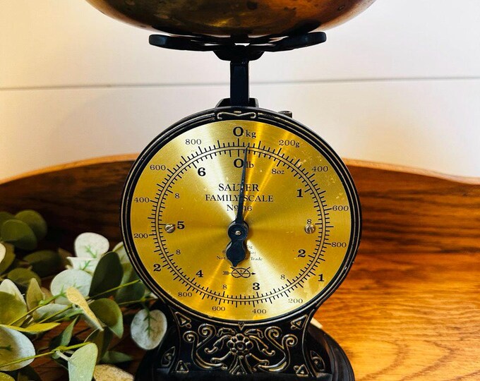 Vintage Black and Brass Gold Salter Family Countertop Balance Scale No ...