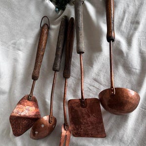 Antique Vintage Copper Cooking Utensils Oak Wooden Handle Rex Morton ...