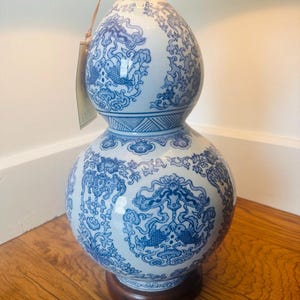 Tall Large Polo Ralph Lauren Home Blue and White Koi Fish Double Gourd ...