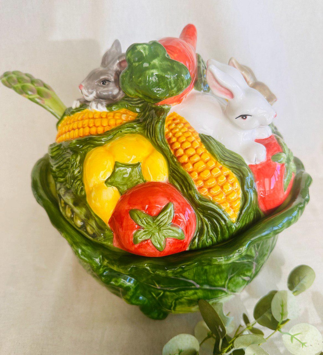 Large Garden Bunnies Cabbage Soup Tureen With Spoon } Ceramic Cabbage ...