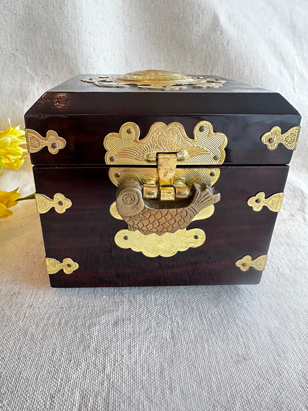 Vintage Chinese Lacquered Jewelry Box Brass/gold Metal Hardware ...