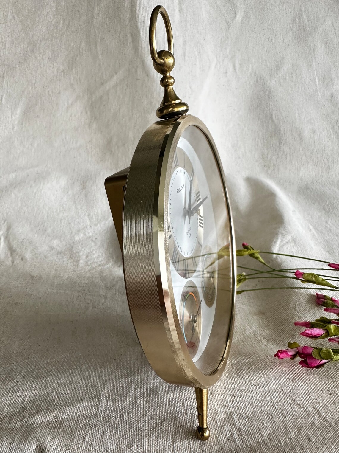 Vintage BULOVA Weather Station Clock Hygrometer Temperature Meter Brass ...