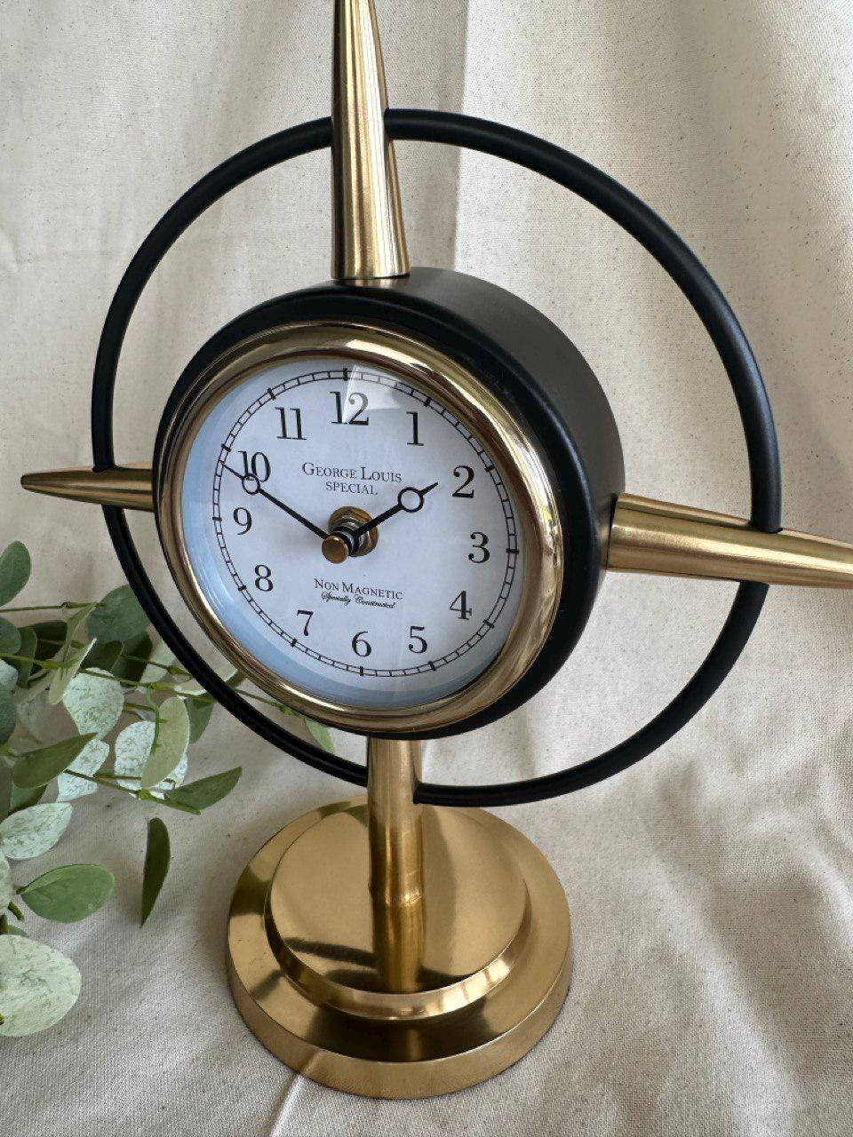 Brass MCM Clock Black and Gold Color Tabletop Unique Clock George Louis ...