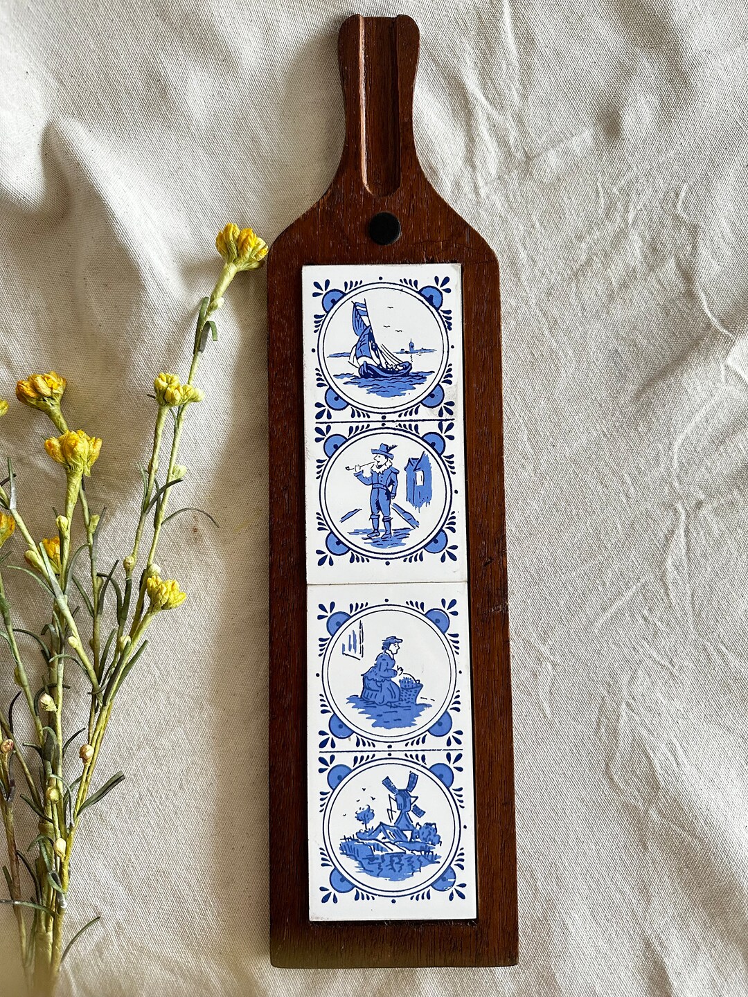 Vintage Delft Tiles on Wood Paddle } Wall Decor } Cheese Cutting Board ...