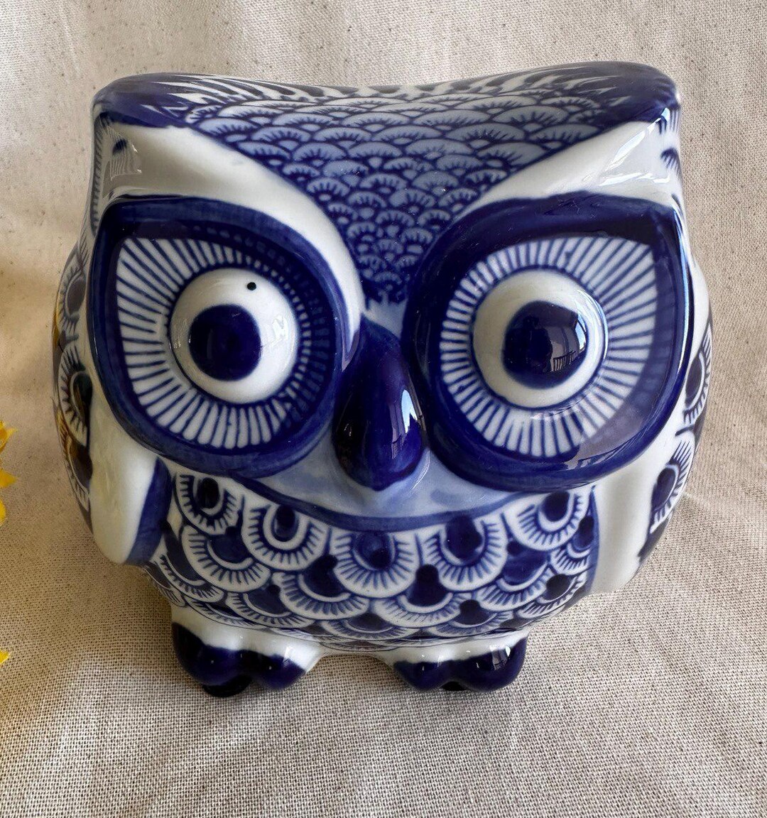 Blue and White Ceramic Owl } Blue Dot on Eye } Owl Figurine } Blue ...
