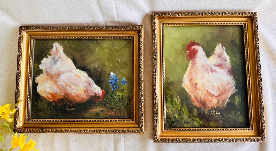 Lajuan Schlegel Artist } 2 Chicken Hen Framed Paintings With Blue ...