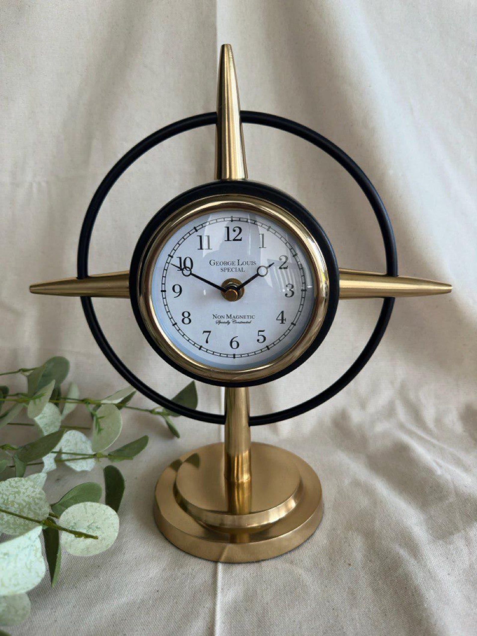 Brass MCM Clock Black and Gold Color Tabletop Unique Clock George Louis ...