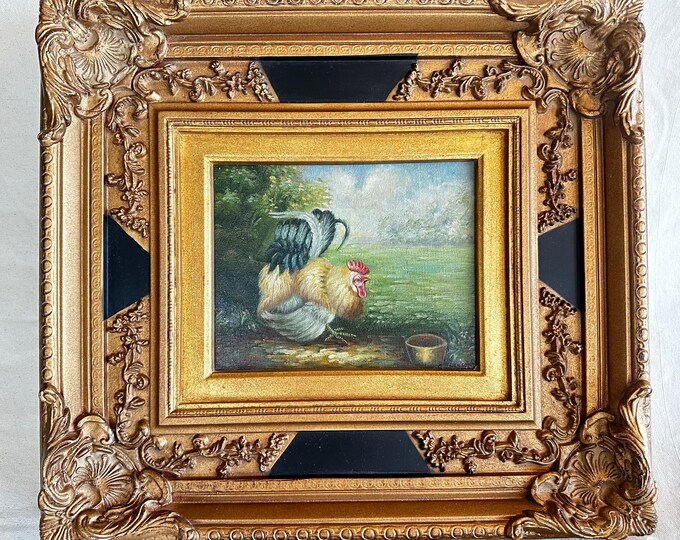 Signed C. Swanson Oil Painting of Rooster { Ornate Gold and Black Frame ...