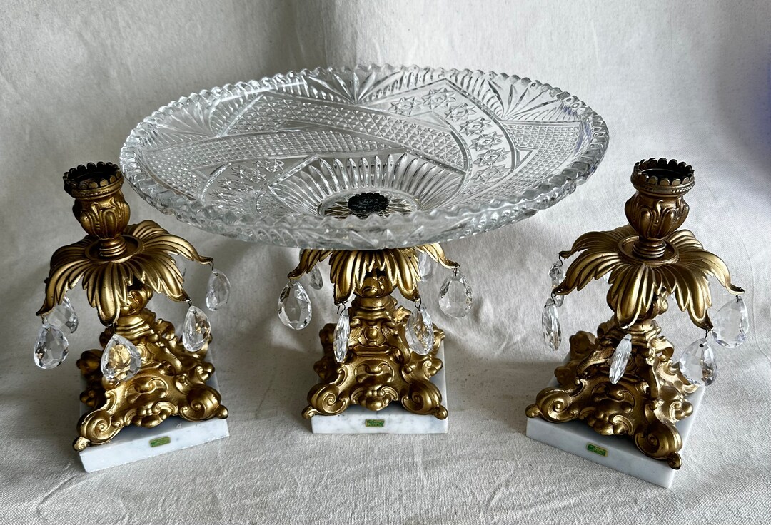 Vintage Crystal Compote Centerpiece With Matching Pair of Candle ...