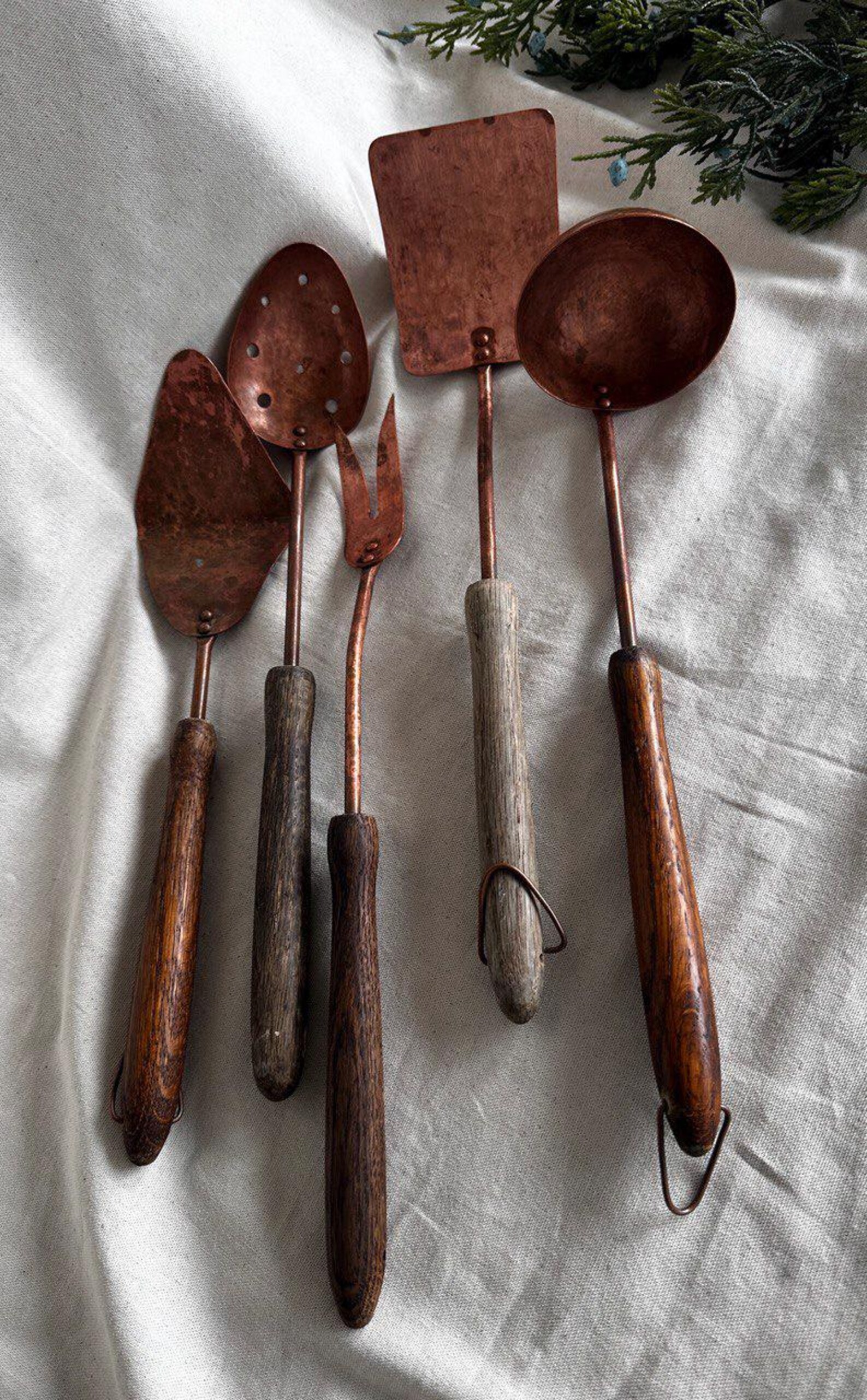 Antique Vintage Copper Cooking Utensils Oak Wooden Handle Rex Morton ...