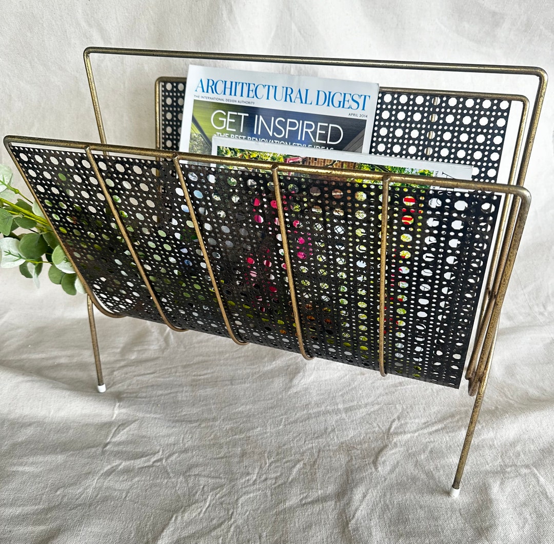 MCM Black and Gold Vintage Magazine Rack } 1950's Brass Steel Pattern ...