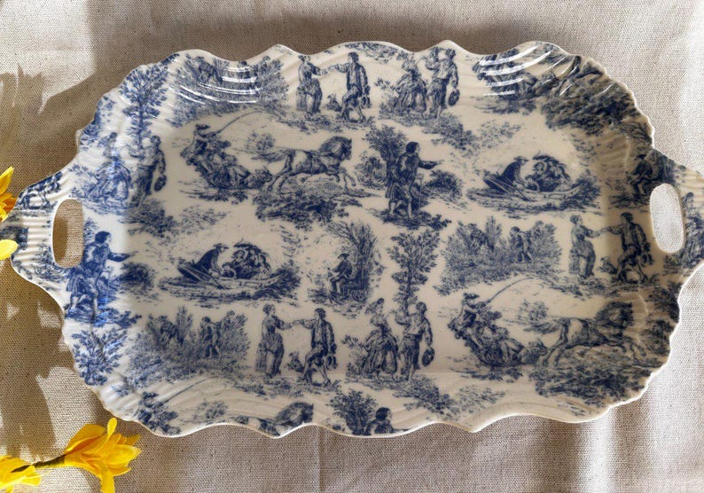 Vintage Blue and White Toile Pattern Tea for One and Platter Somerton ...