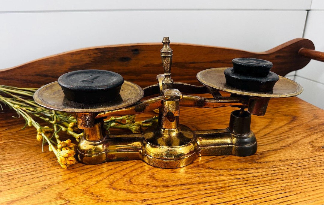 Antique Brass Balance Scales } Black Cast Iron Scale Weights 1, 4, 8 ...