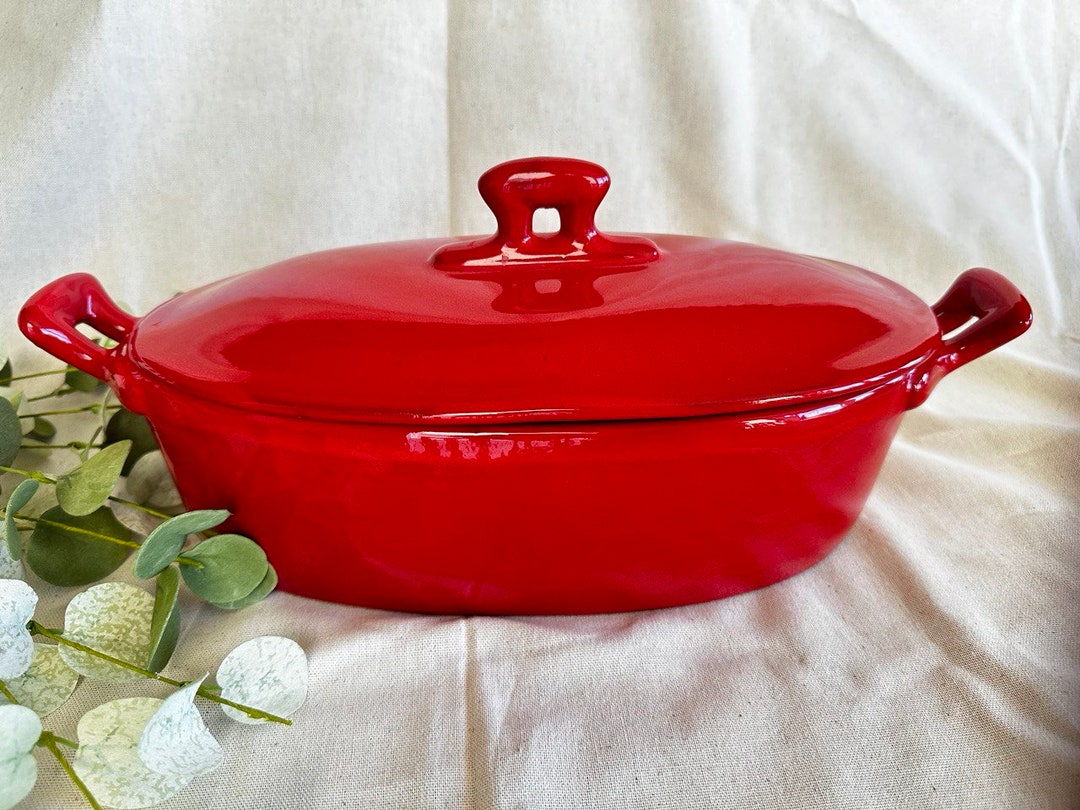 Bright Cherry Red Casserole Dish With Lid and Upturned Handles } Oval ...