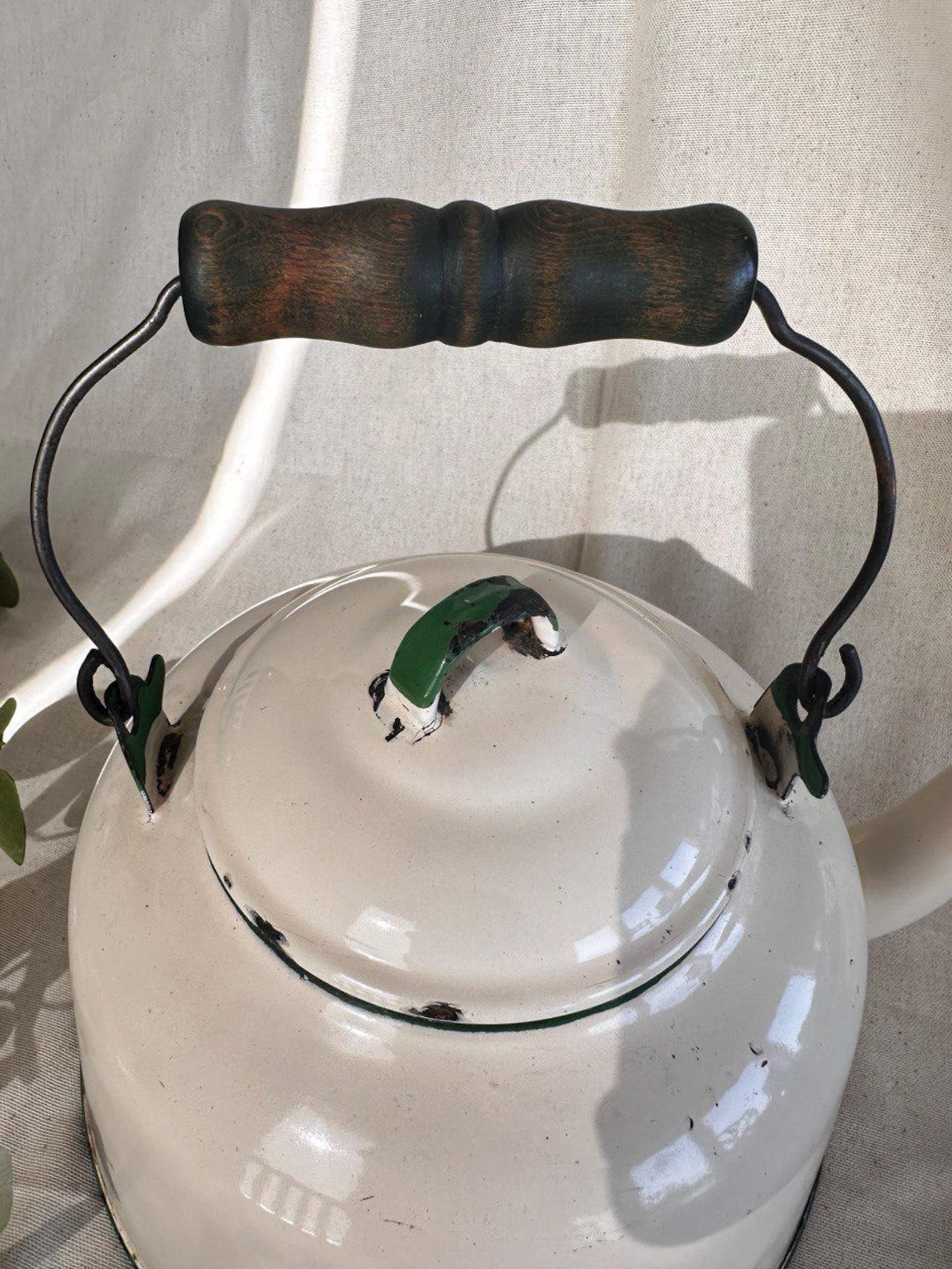 Very Large Antique White and Green Primitive Enamel Tea Kettle Green ...
