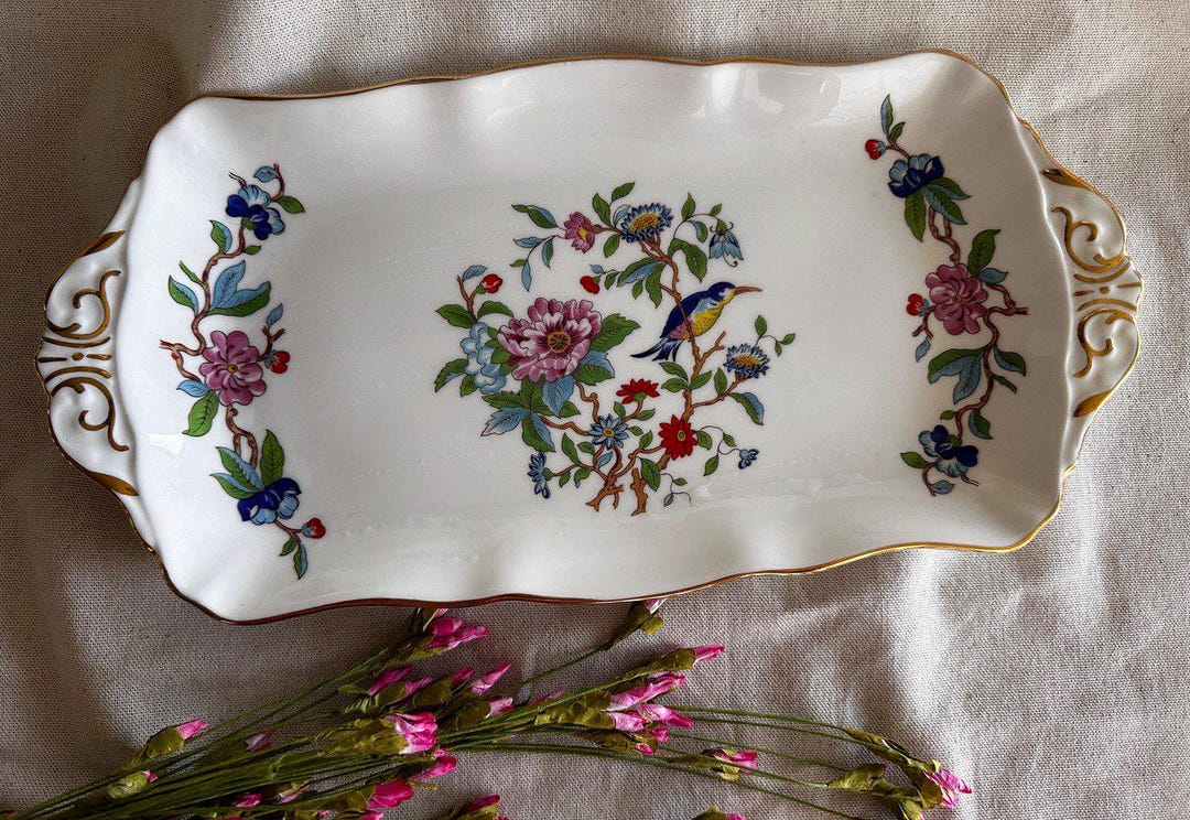 Aynsley Pembroke English Bone China Rectangle Serving Plate } Bread Plate } Gold Blue Bird ...