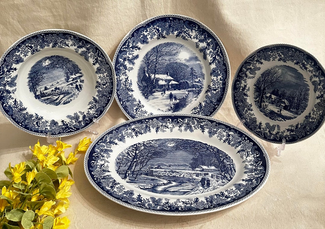 Spode Winter's Eve in Blue and White { Spode Oval Platter { Dinner Plate { Salad Plate { Large ...