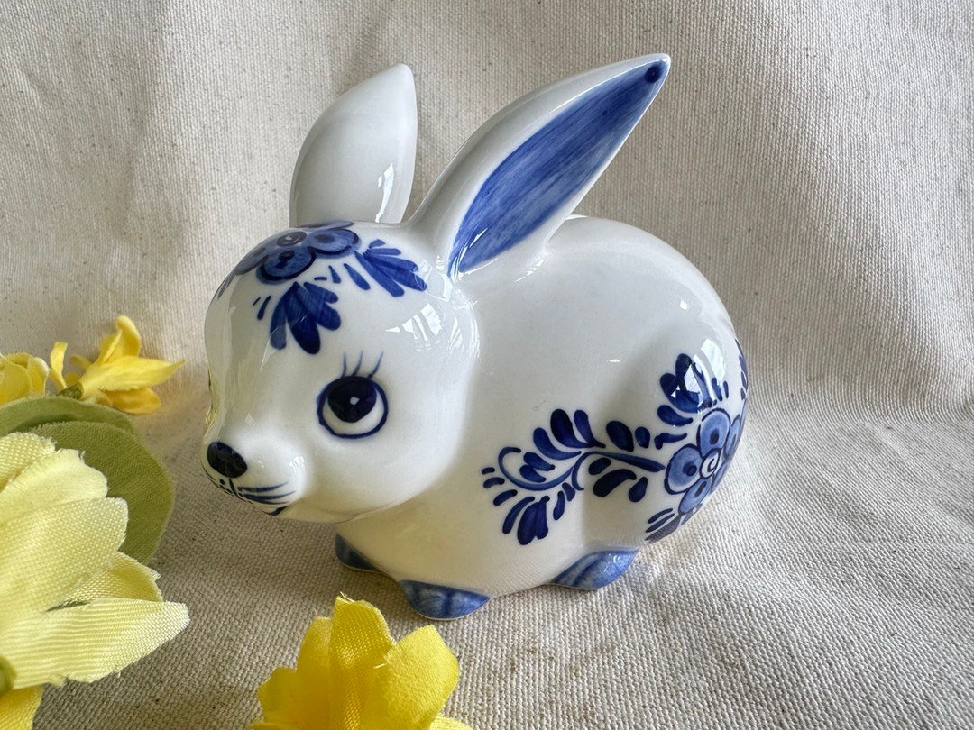 Delft Blue and White Bunny Rabbit Bank } Hand Painted Ceramic Blue and ...