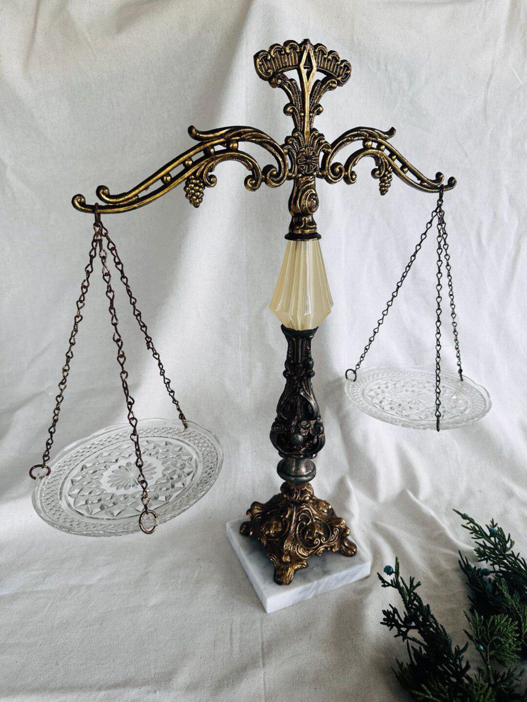 Vintage Crystal Brass Marble Base Scale Justice Hollywood Regency ...