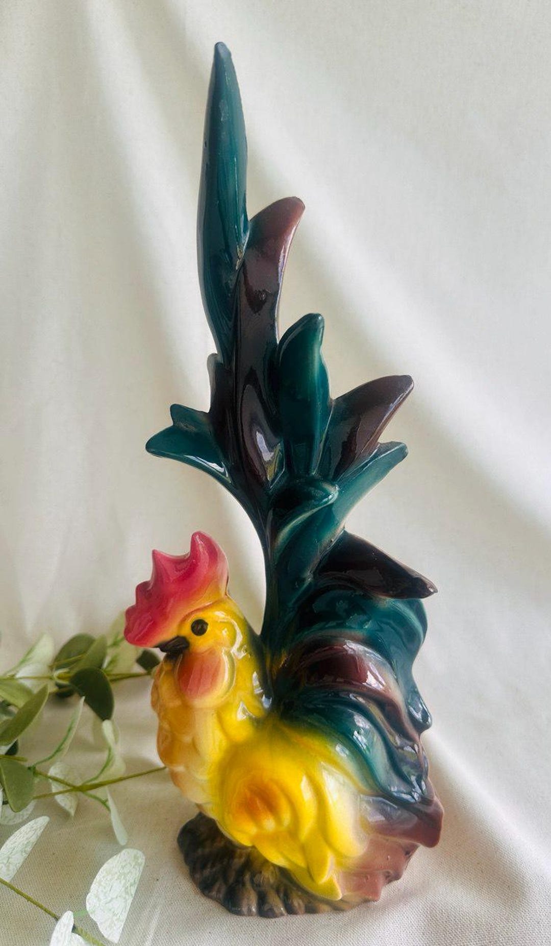 Vintage Bright Colored Porcelain Rooster } Bright Yellow, Red and Green ...