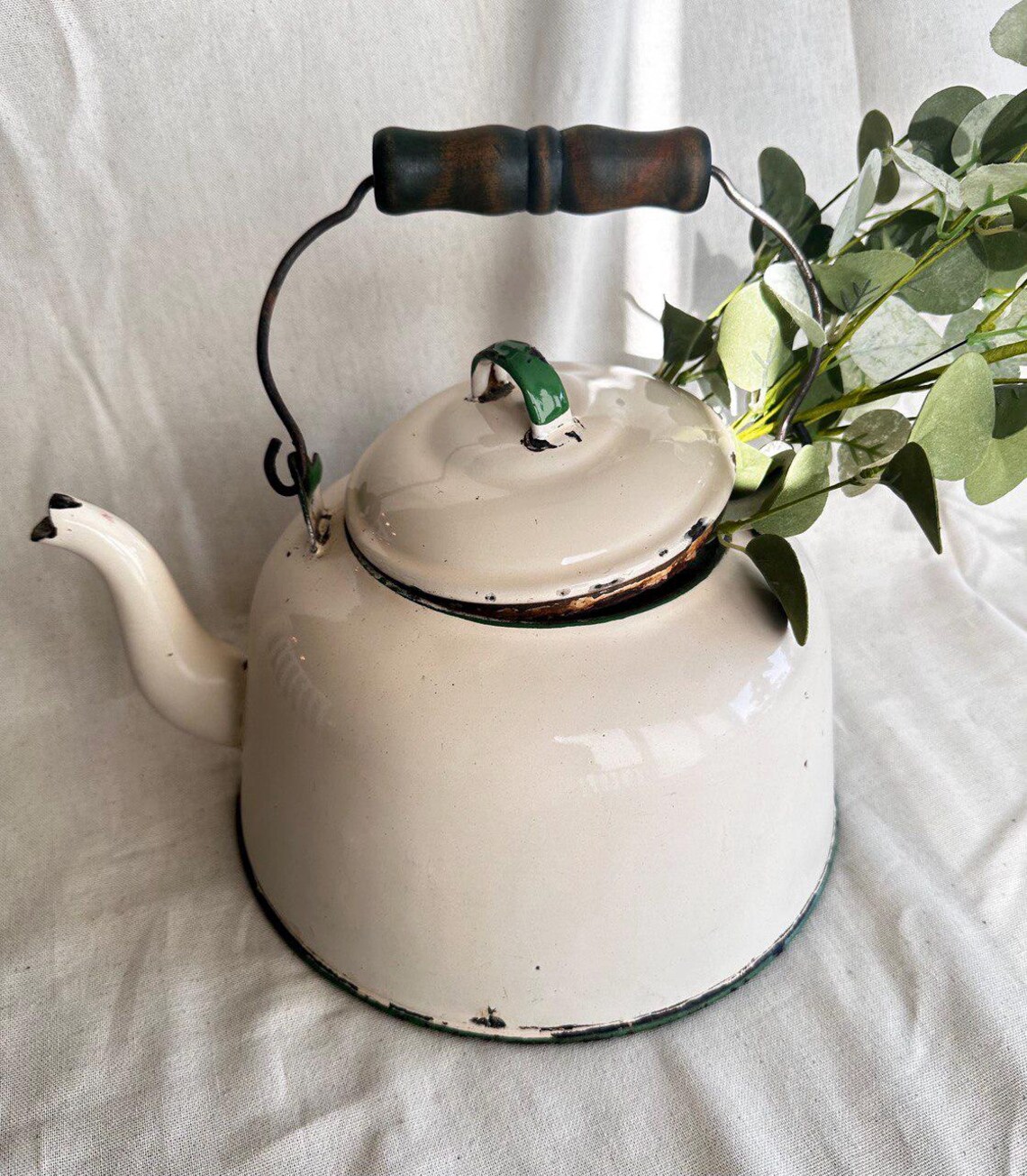Very Large Antique White and Green Primitive Enamel Tea Kettle Green ...