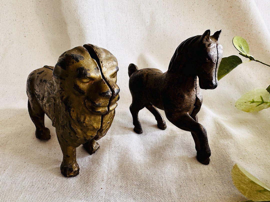 Antique Cast Iron Lion Coin Bank } Cast Iron Coin Horse Bank } Circa ...